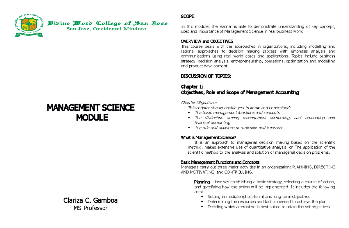 Management Science Module - MANAGEMENT SCIENCE MODULE Clariza C. Gamboa ...