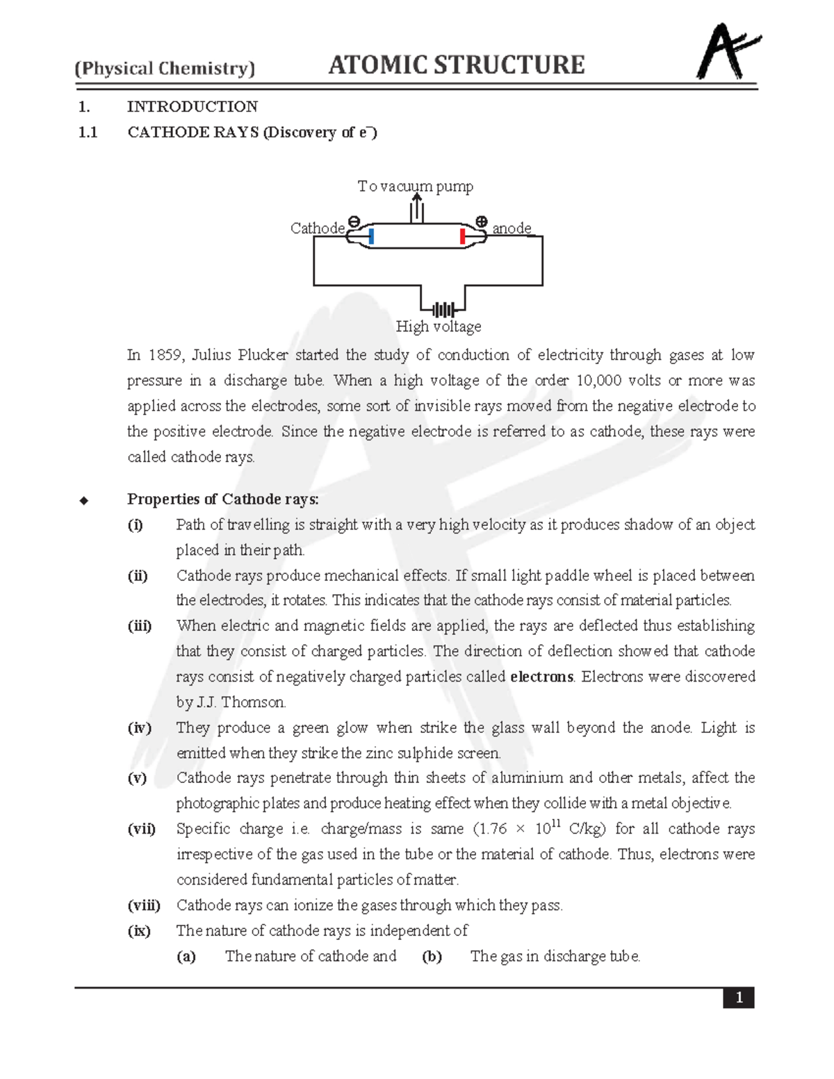 Sheet - 01 Atomic Structure - 1. INTRODUCTION ATOMIC STRUCTURE 1 ...