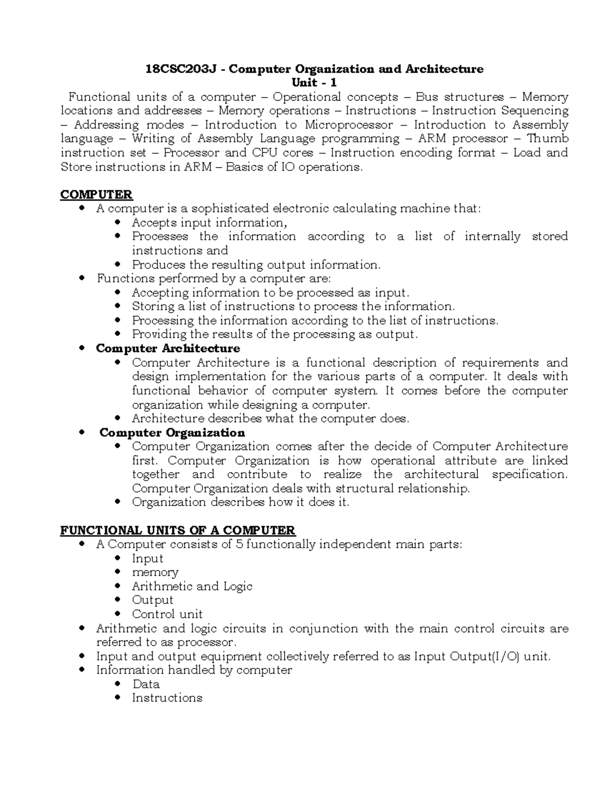 18CSC203J - COA UNIT 1 - 18CSC203J - Computer Organization and Architecture Unit - 1 Functional ...