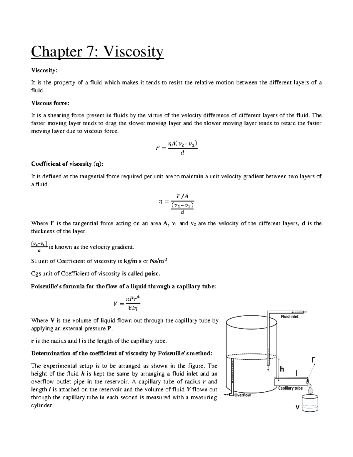 UNIT 7 - Viscosity - Chapter 7: Viscosity Viscosity: It is the property ...