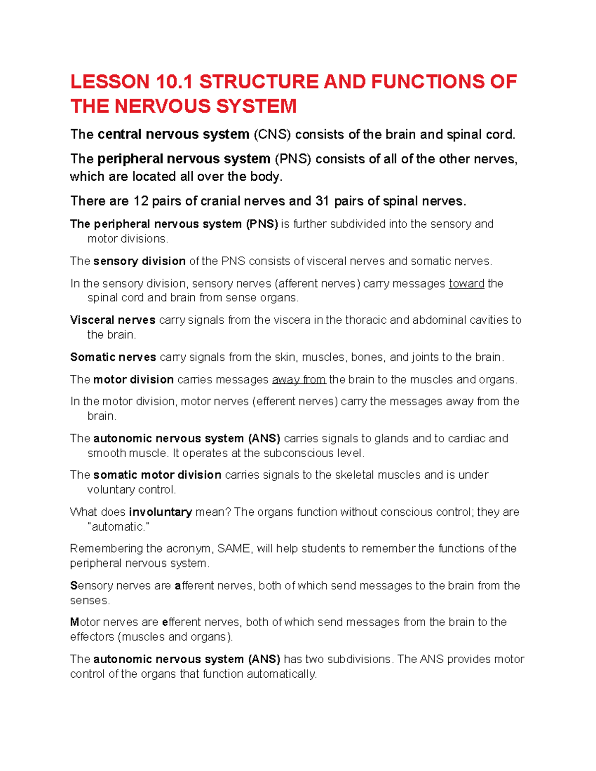 Lesson 10.1 Structure AND Functions OF THE Nervous System - LESSON 10 ...