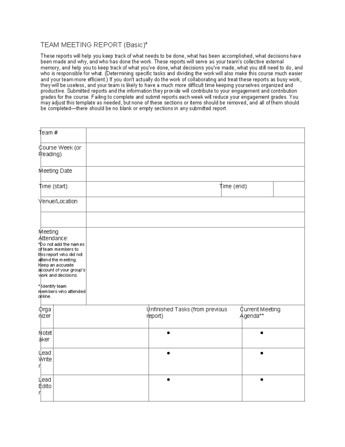 Team meeting report - TEAM MEETING REPORT (Basic)* These reports will ...
