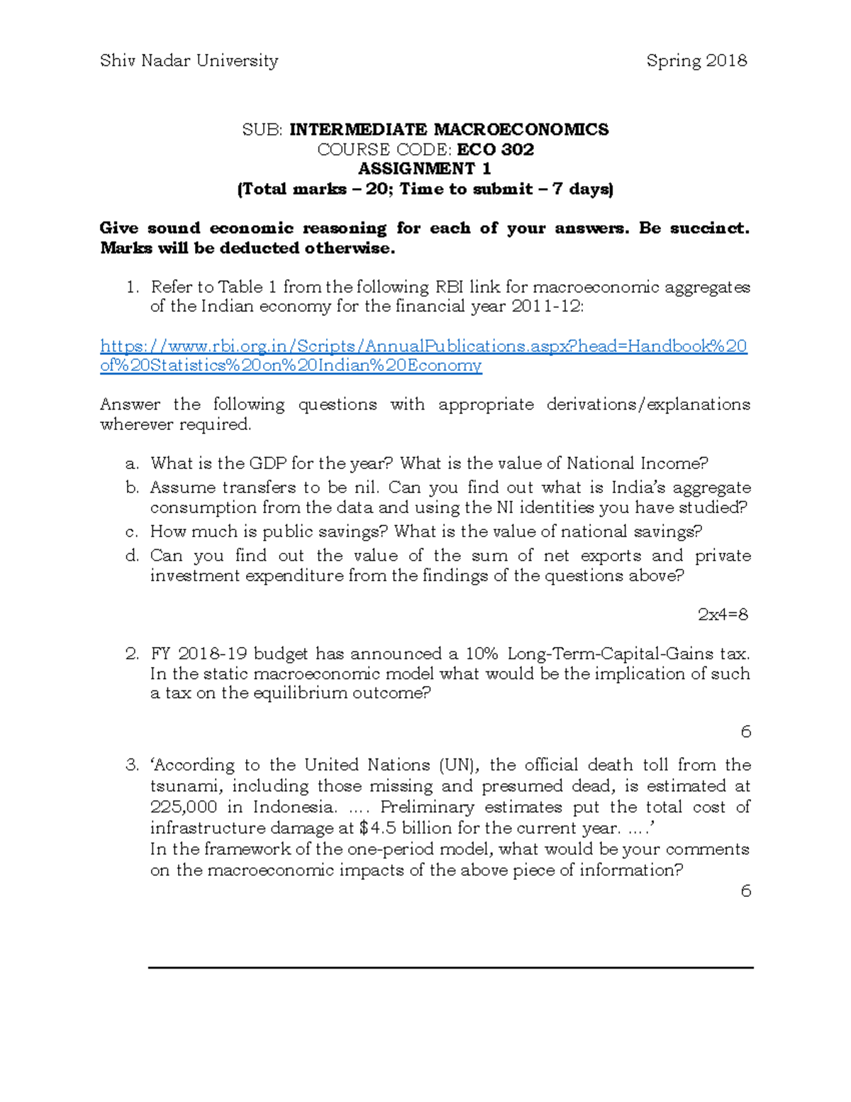 Eco 302 A1 Assignment 1 Shiv Nadar University Spring 2018 Sub