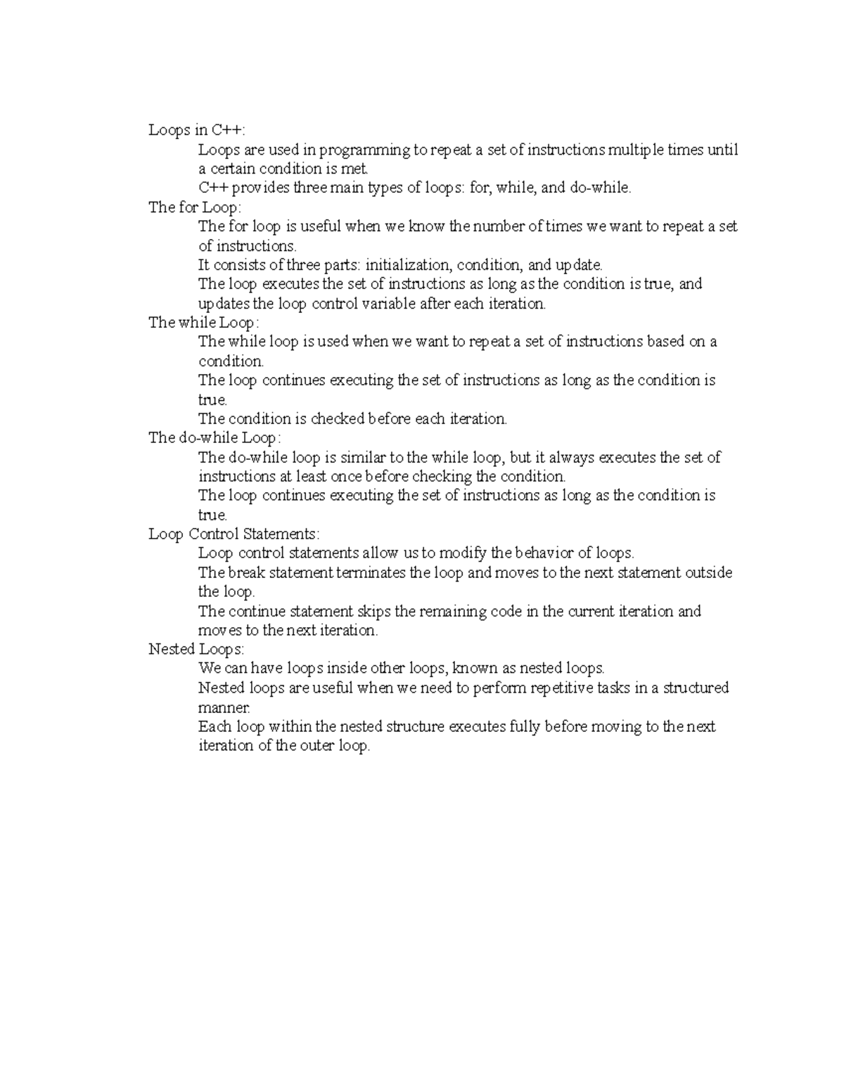 COSC 175 Loops Notes - Loops in C++: Loops are used in programming to ...