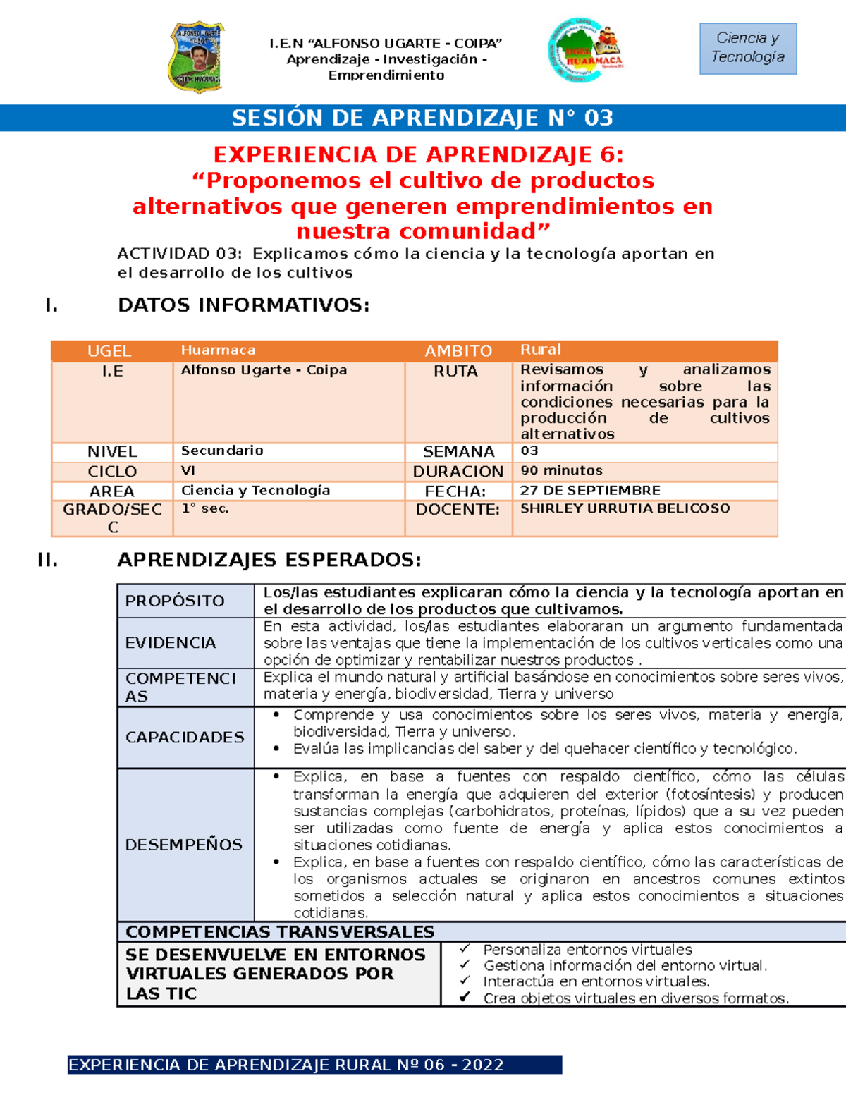 1°SEC - Sesion 4 - CYT EXP 06 - 27 DE Septiembre - SESIÓN DE APRENDIZAJE N° 03 EXPERIENCIA DE ...