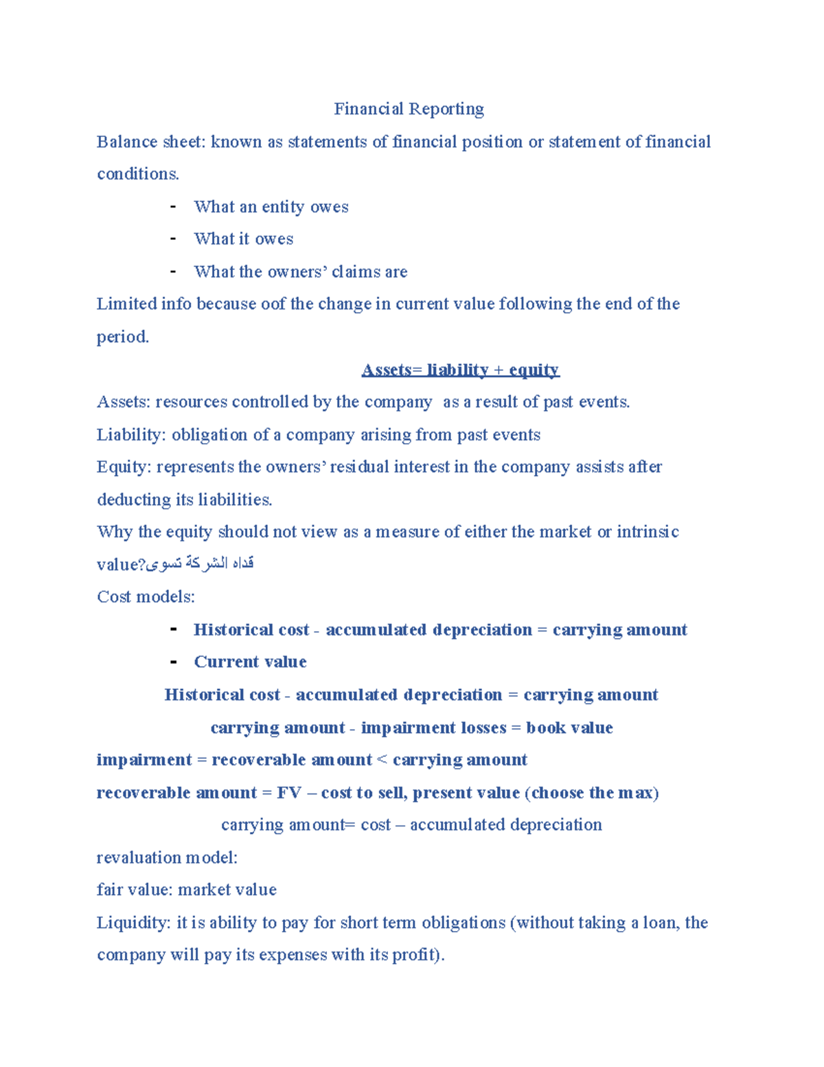 summary of financial reporting - Financial Reporting Balance sheet ...