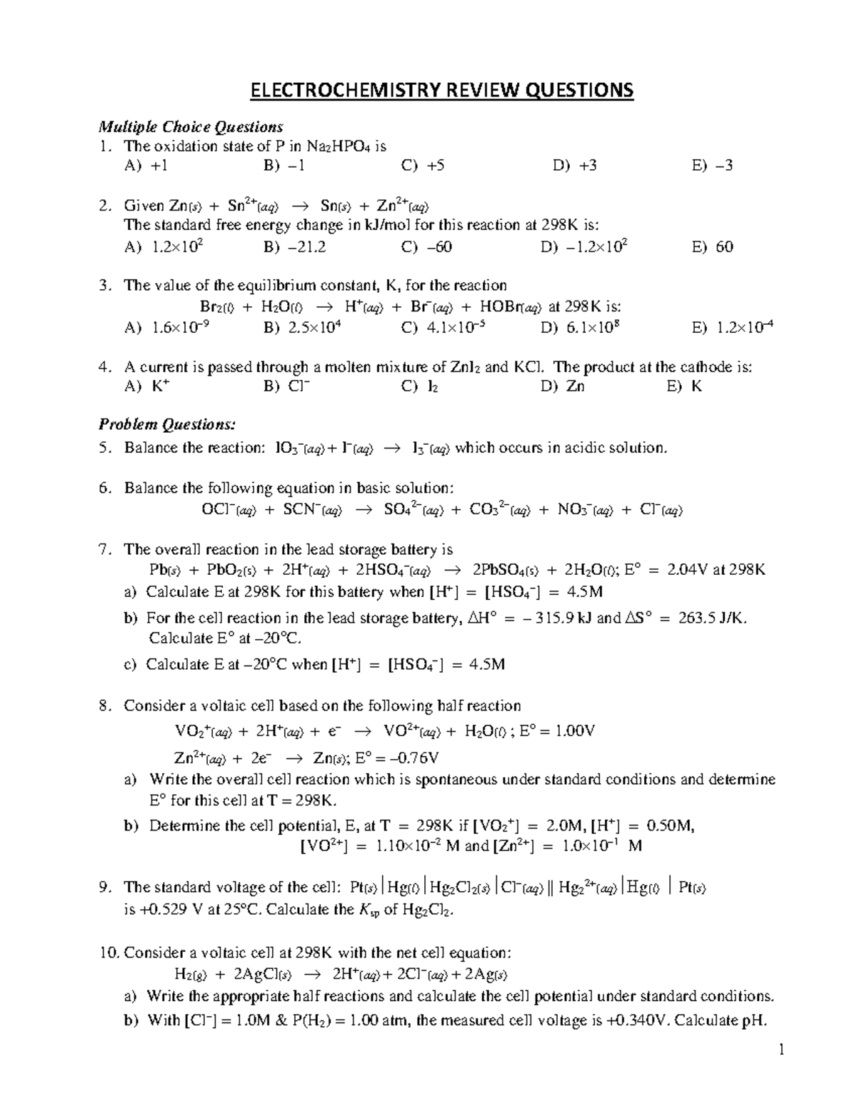 Electrochem Review MT#2 - 1 ELECTROCHEMISTRY REVIEW QUESTIONS Multiple ...