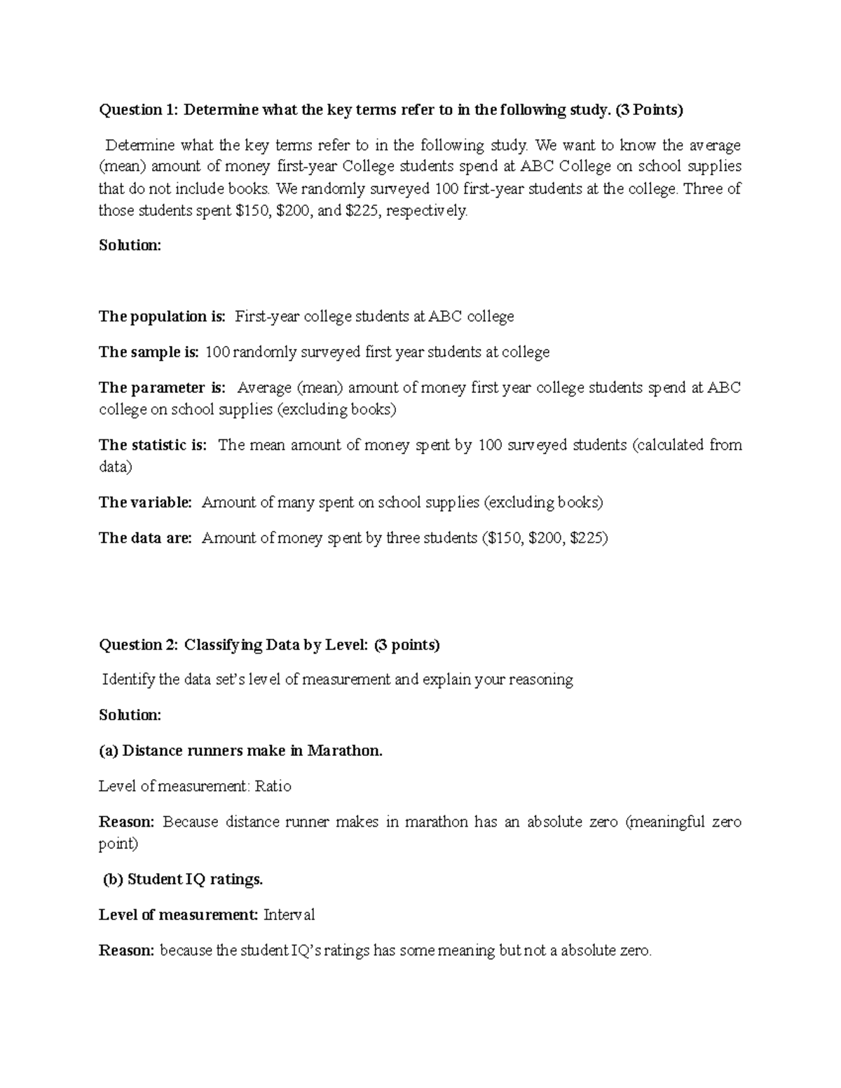 G. Statistics - Question 1: Determine what the key terms refer to in ...