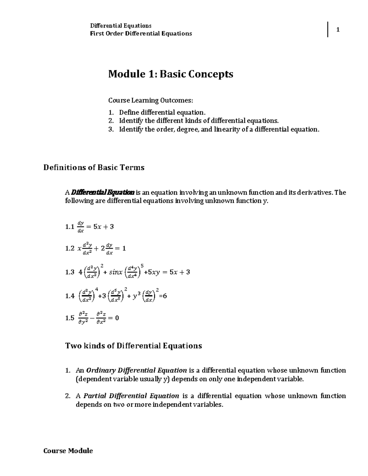 W1 Basic Concepts on Differential Equations - Module - Differential ...