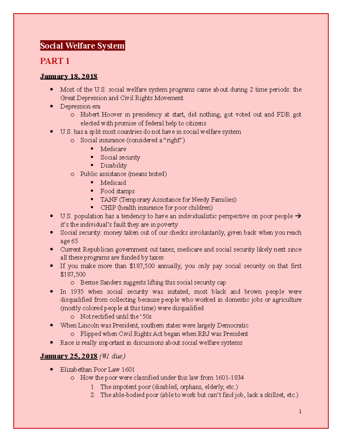 Social Welfare System Notes - Social Welfare System PART 1 January 18 ...