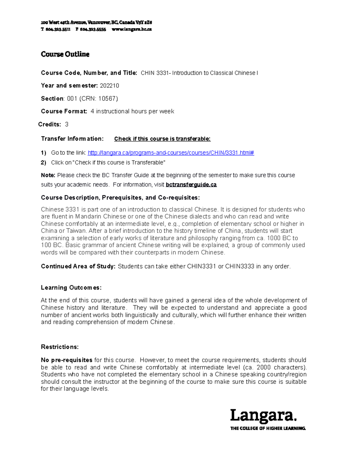 CHIN 3331 001 Li 202210 - Lecture notes 1 - Course Code, Number, and ...