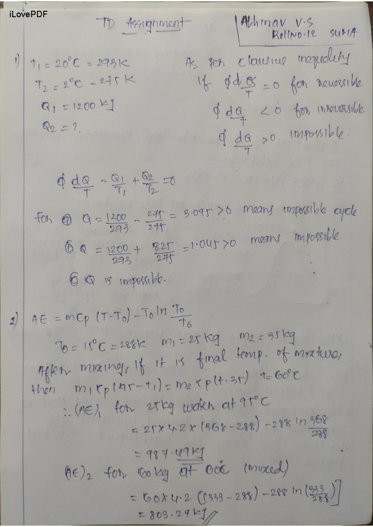 TD - Assignment - Engineering Thermodynamics - Studocu