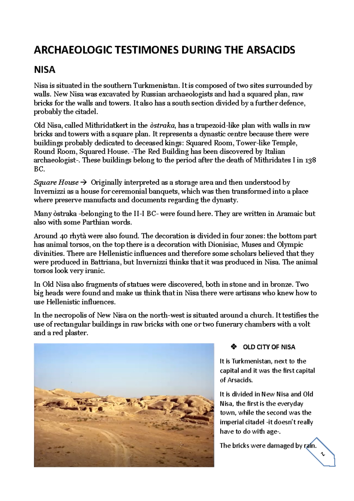 Lezioni 2 - Lecture notes - ARCHAEOLOGIC TESTIMONES DURING THE ARSACIDS ...