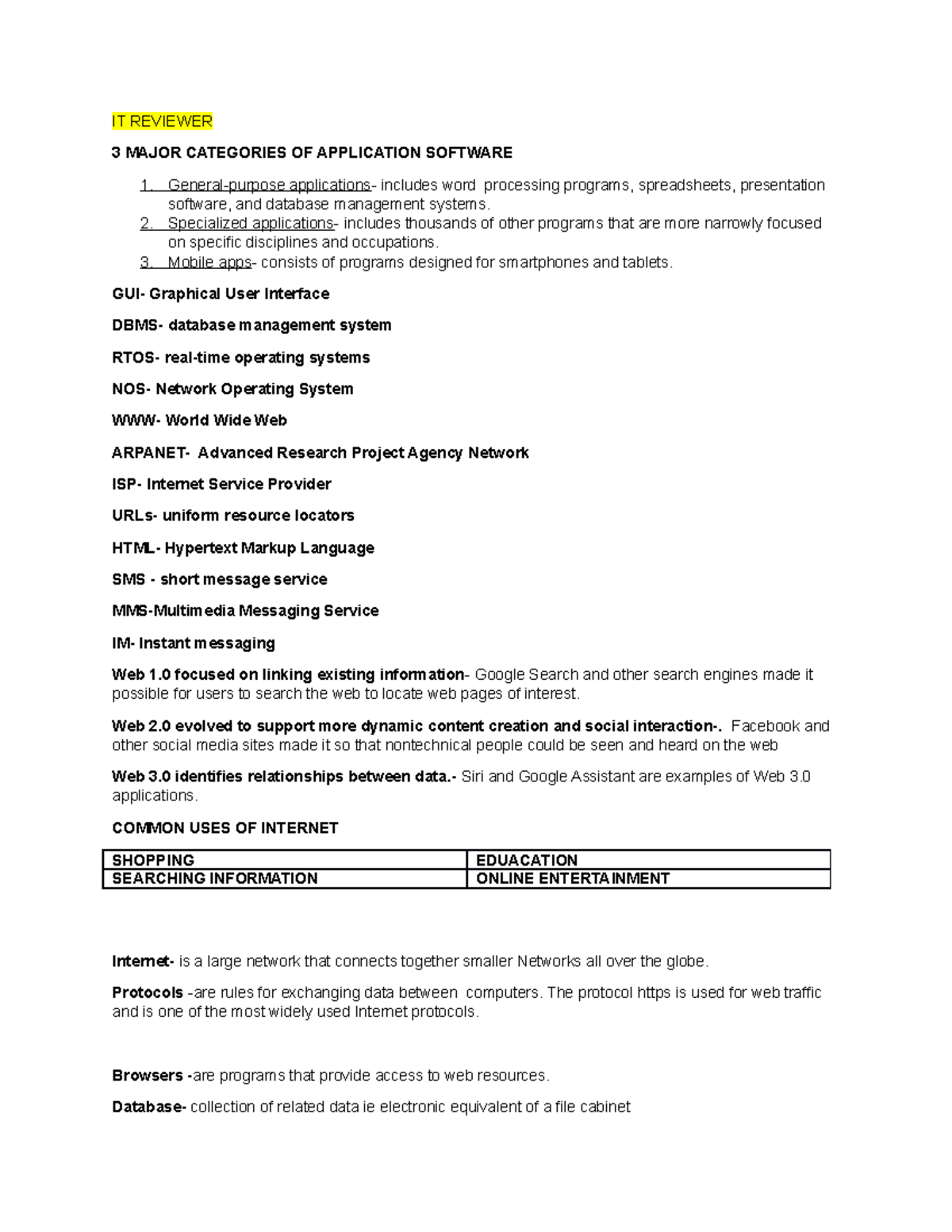 Midterm Reviewer Living IN Theit ERA - IT REVIEWER 3 MAJOR CATEGORIES OF APPLICATION SOFTWARE ...