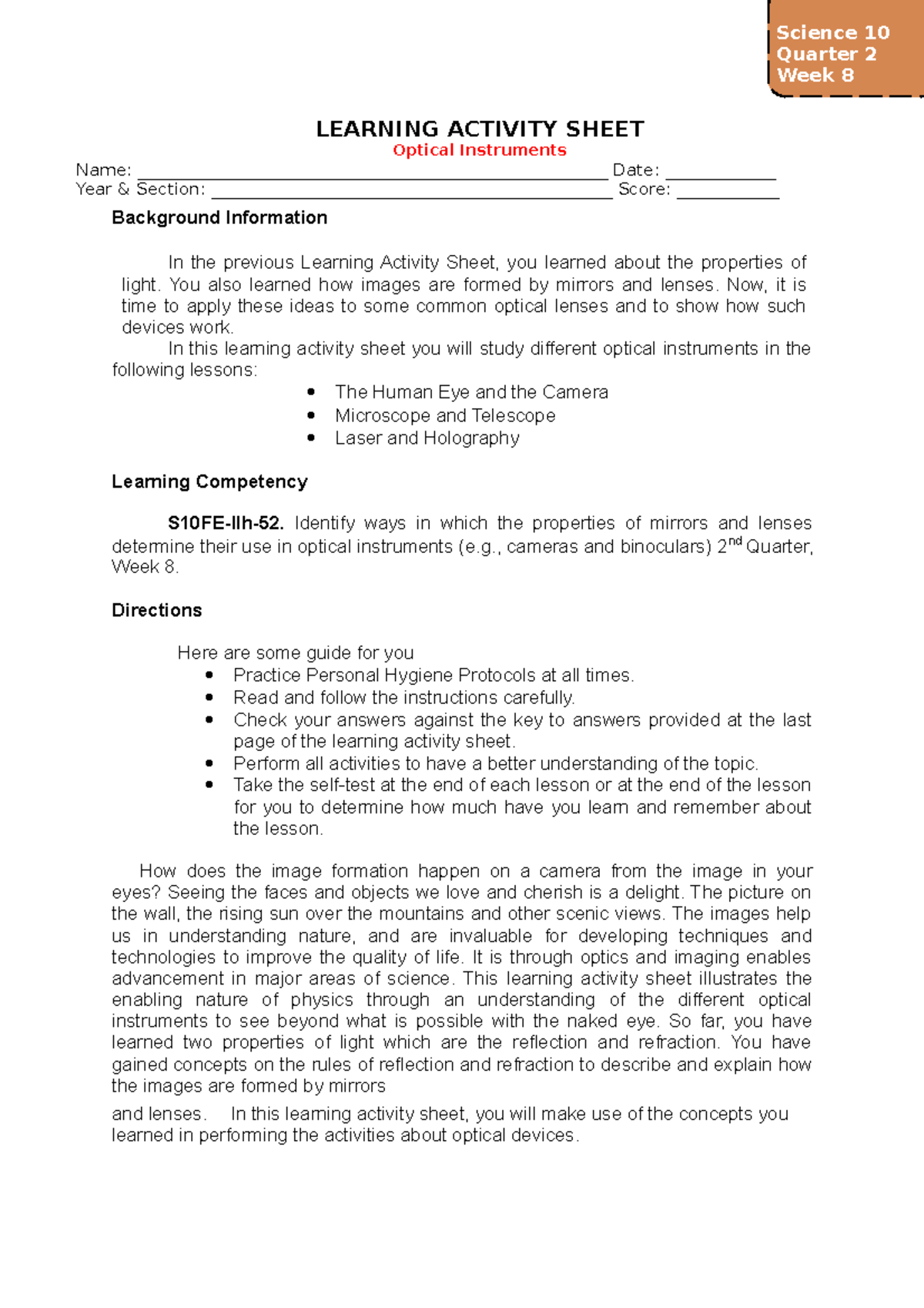 Learning Activity Sheet Science 10 WEEK 8 - LEARNING ACTIVITY SHEET ...