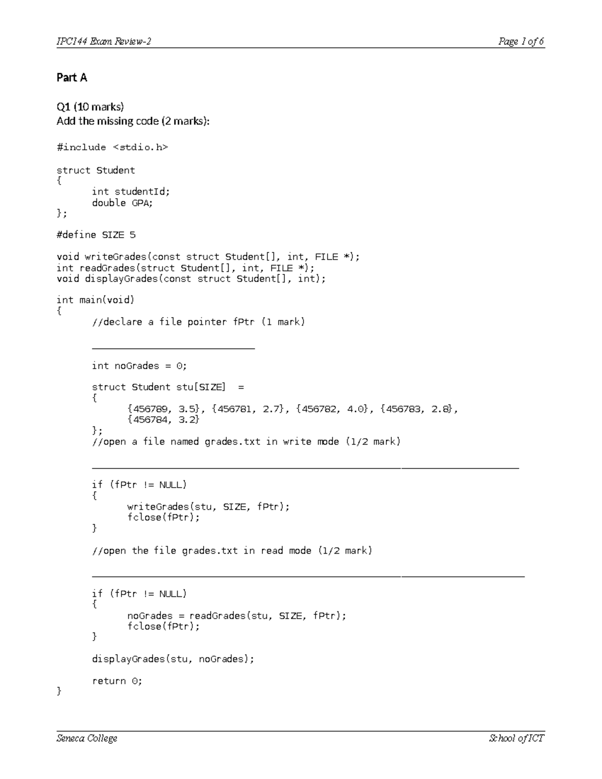 Review-2 - notes - Part A Q1 (10 marks) Add the missing code (2 marks ...