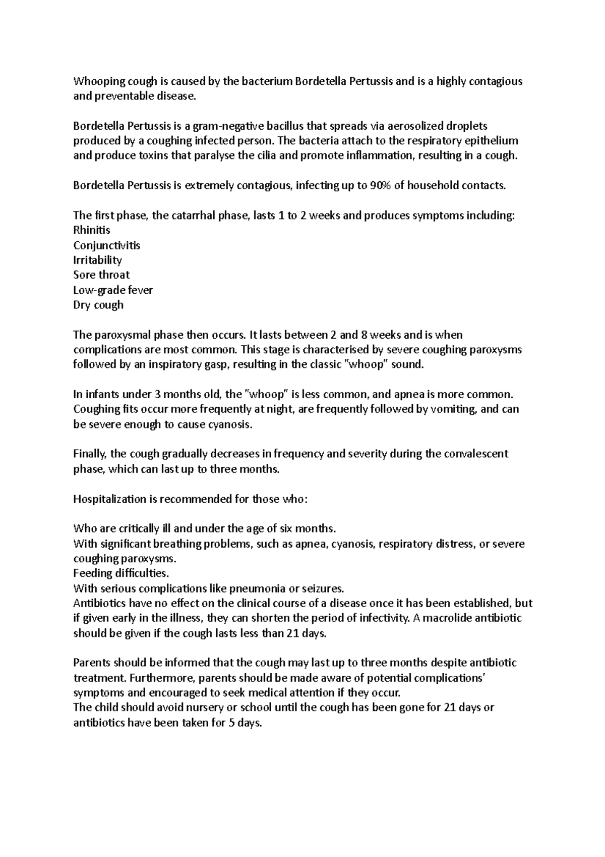 Whooping cough - Notes on nursing - Whooping cough is caused by the ...