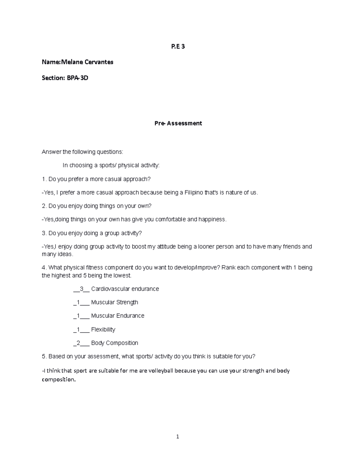 P.E 3 1-16 answer - Physical Education 3 - P 3 Name:Melane Cervantes ...