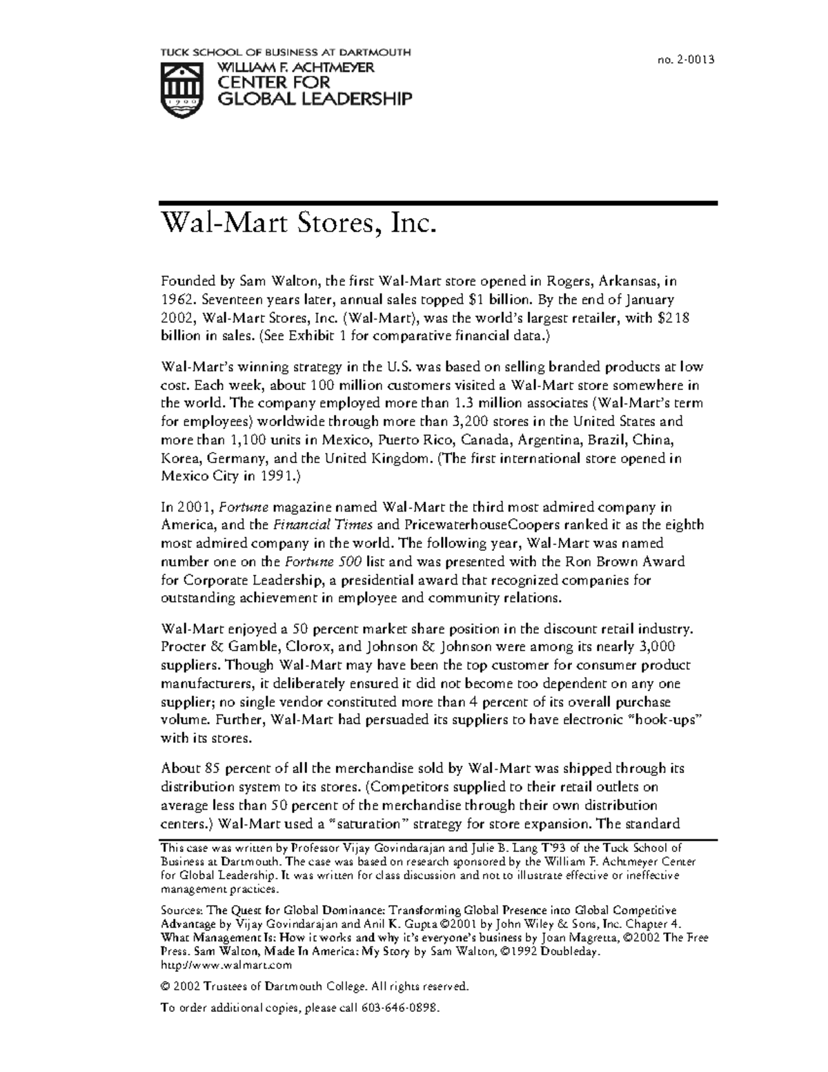 2001 3 Walmart Case - Case study on Wal Mart - no. 2- This case was ...