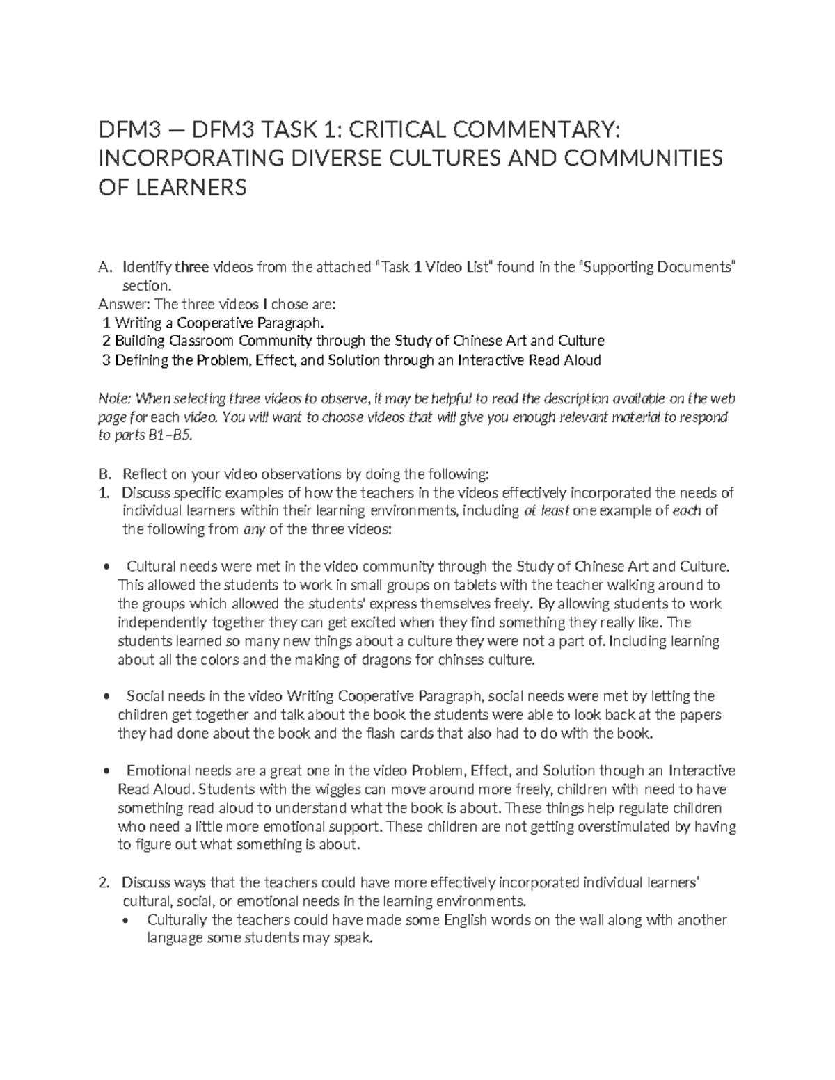 Task 1 - this would be task 1. in community of care - DFM3 — DFM3 TASK 1: CRITICAL COMMENTARY ...