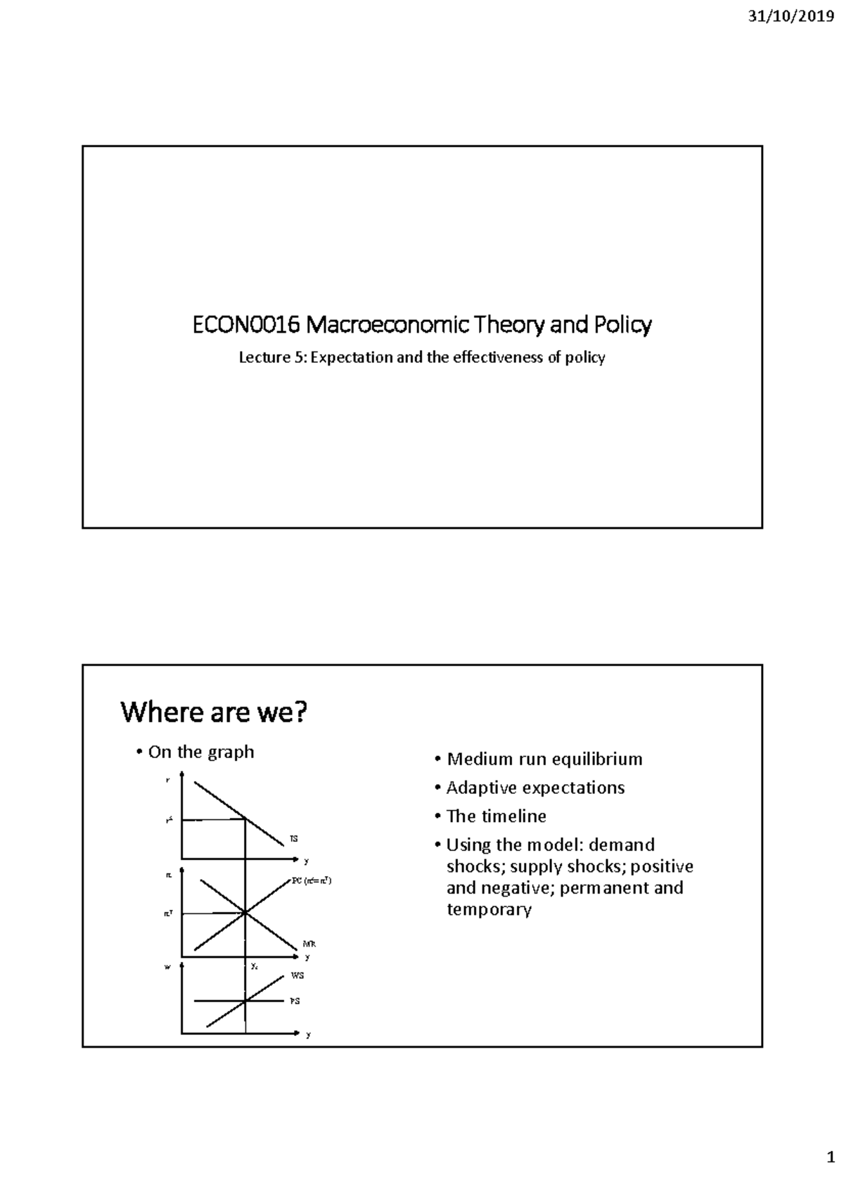 Lecture 05 pdf format - ECON 0016 MacroeconomicTheoryandPolicy Lecture 5: Expectation and the ...