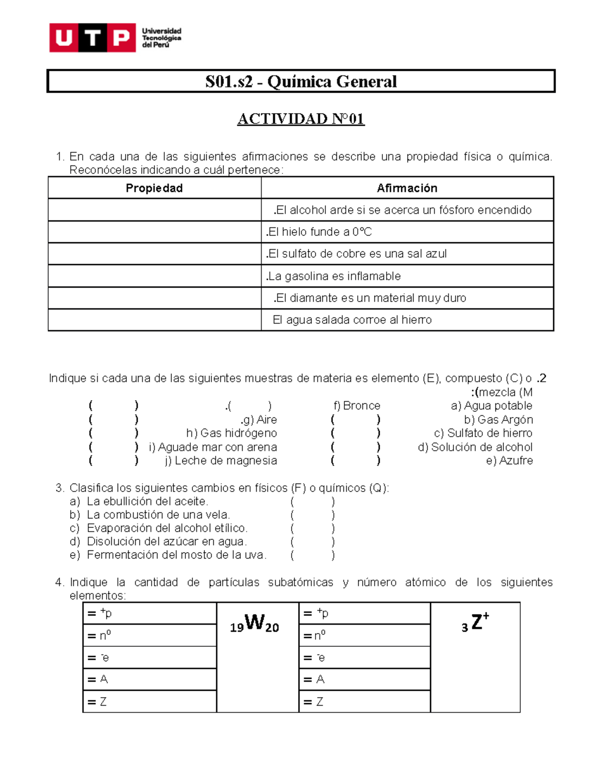 I02N Ejercicios S01 - quimica - S01 - Química General ACTIVIDAD N° 1 ...