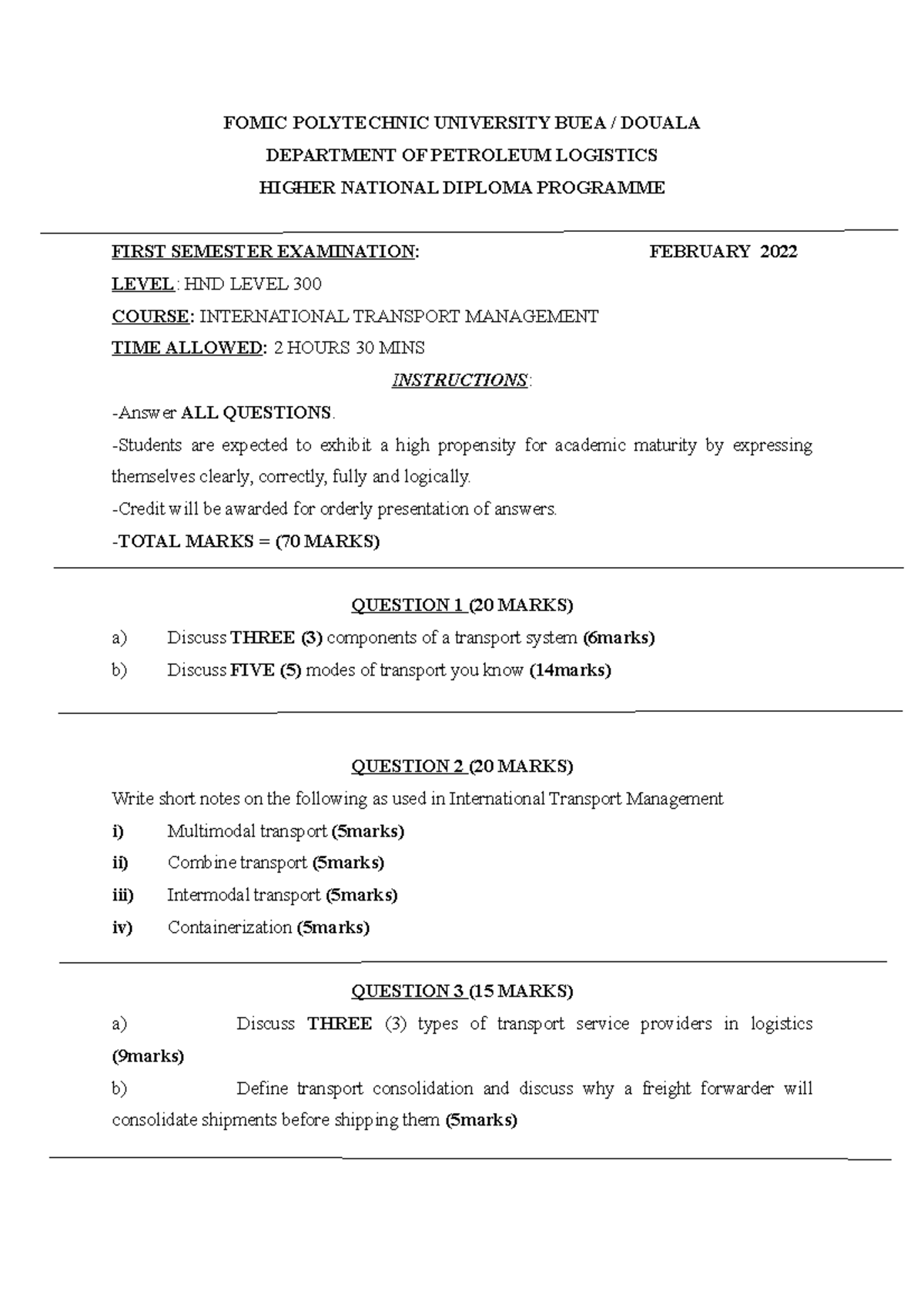 First Semester EXAM International Transport Management Fomic Polytechnic - FOMIC POLYTECHNIC ...