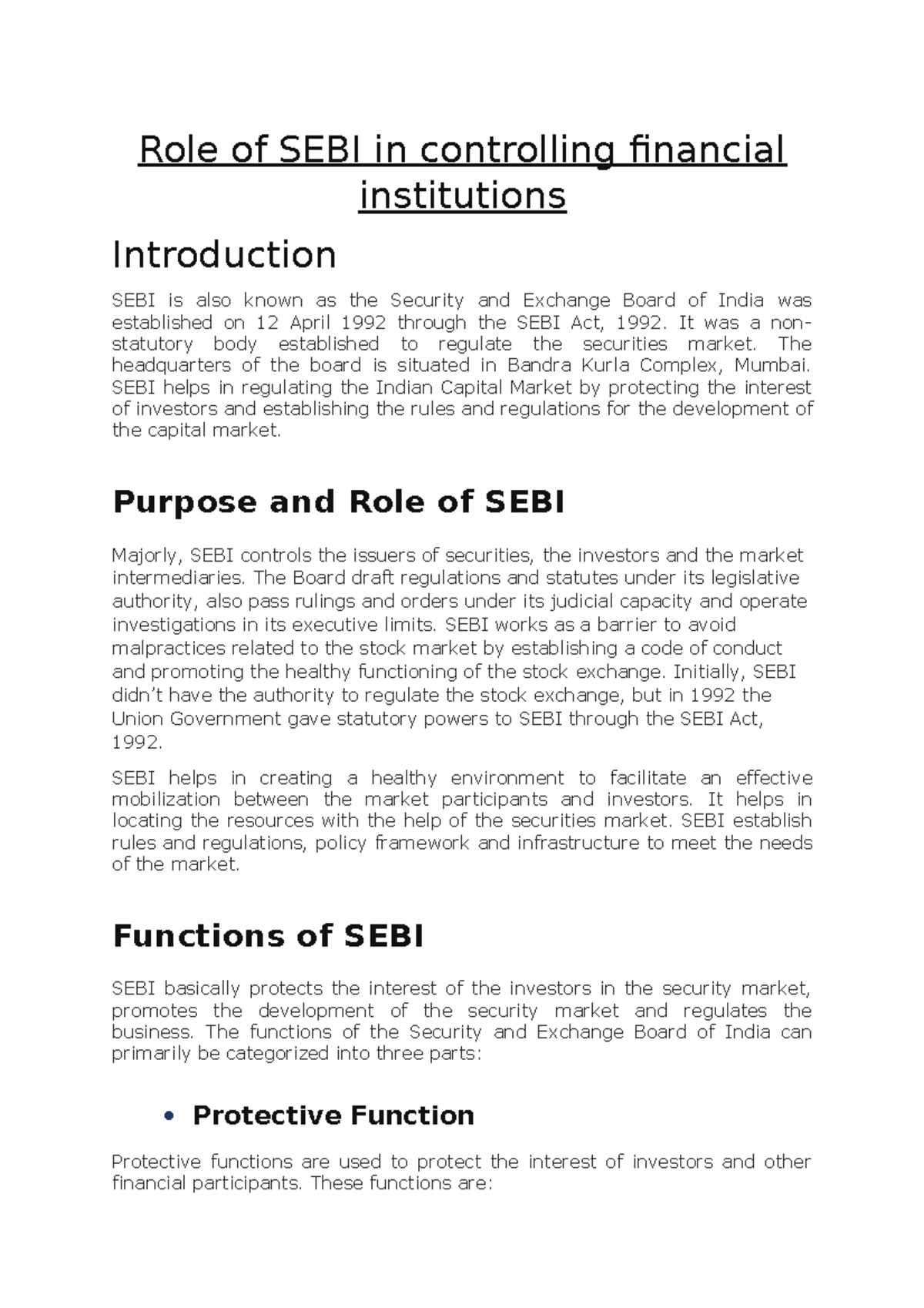 Role of SEBI in controlling financial institutions - Role of SEBI in ...