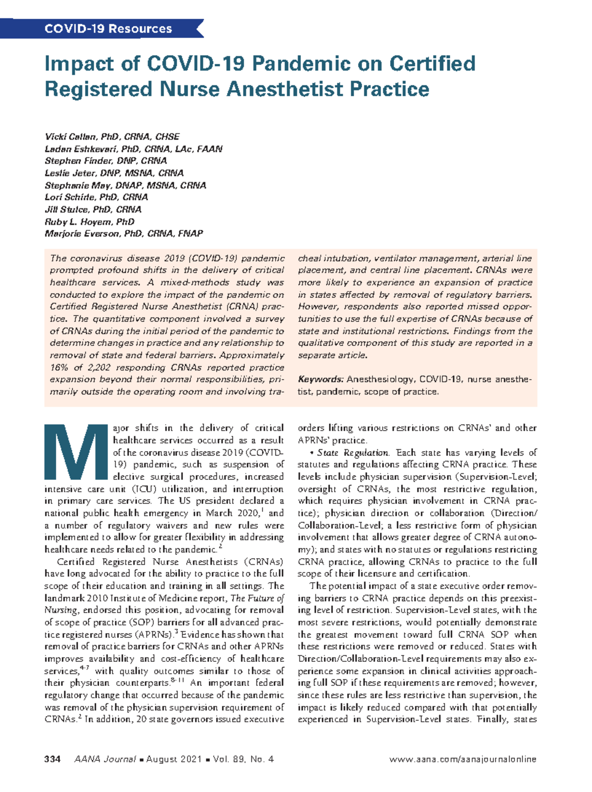 CRNA Article - 334 AANA Journal August 2021 Vol. 89, No. 4 aana ...