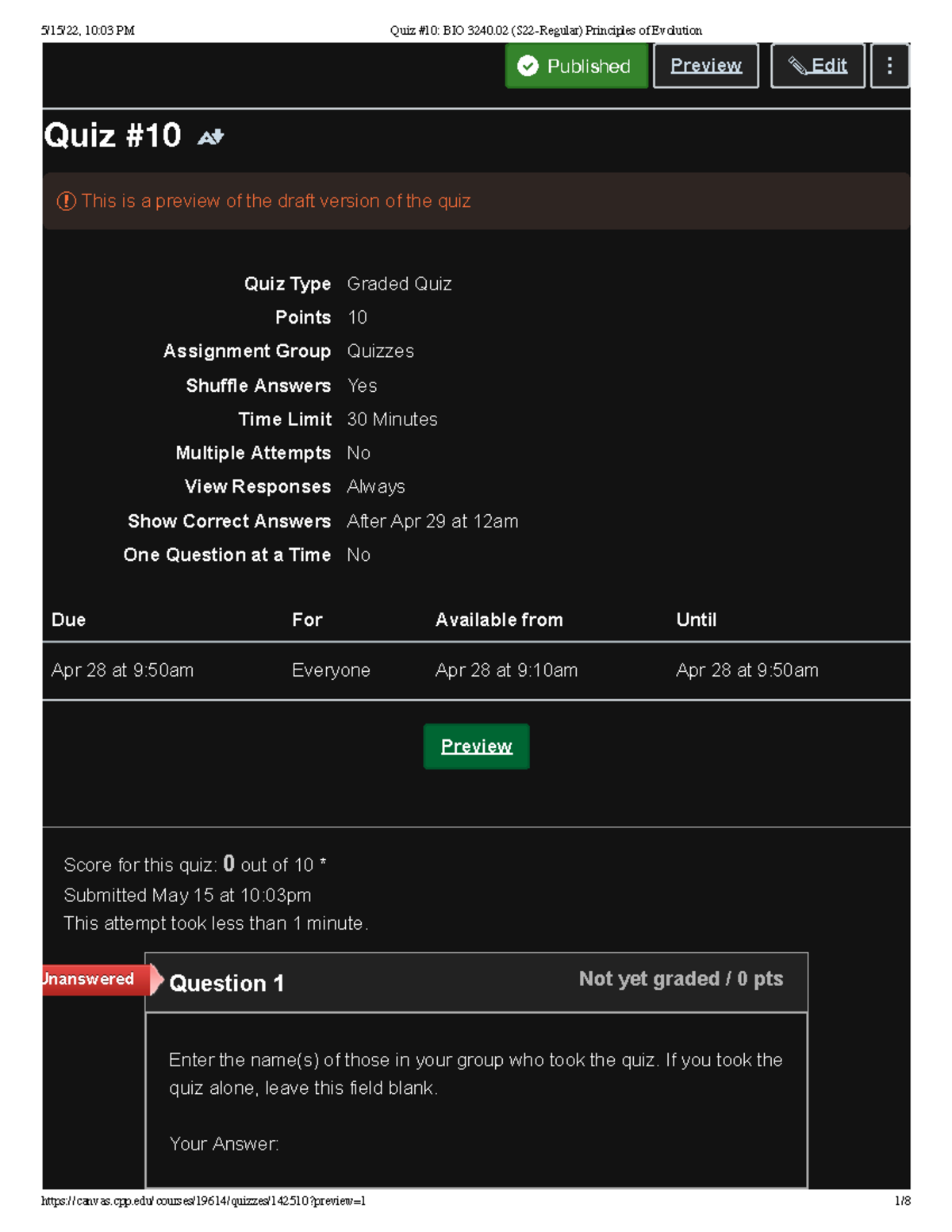 Quiz #10 BIO 3240.02 (S22-Regular) Principles of Evolution - Quiz Type ...