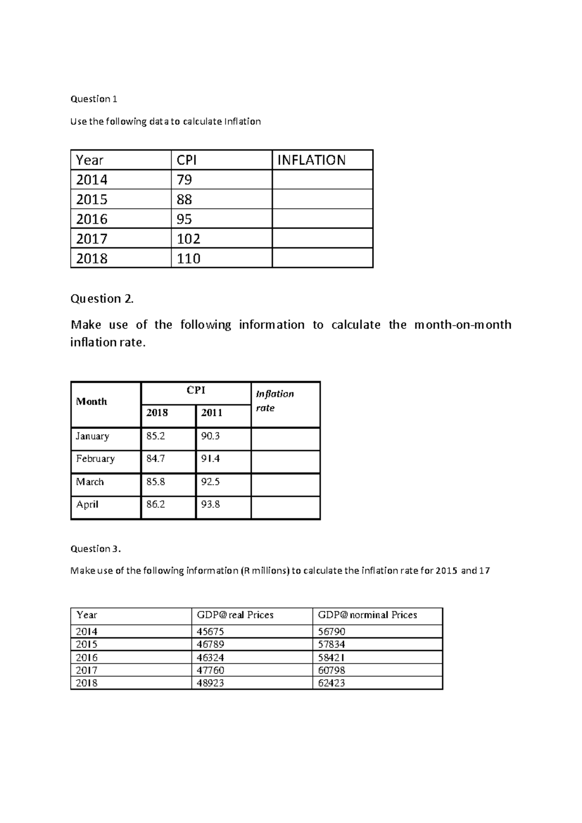 Inflation Calculations Question 1 Use The Following Data To Calculate