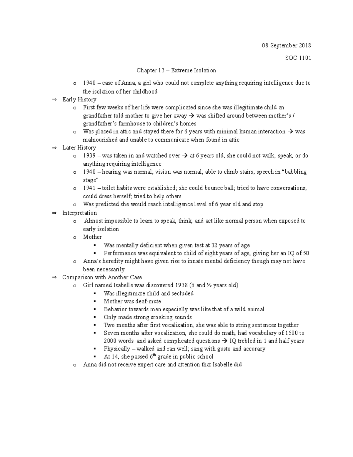Chapter 13 - Extreme Isolation - 08 September 2018 SOC 1101 Chapter 13 ...