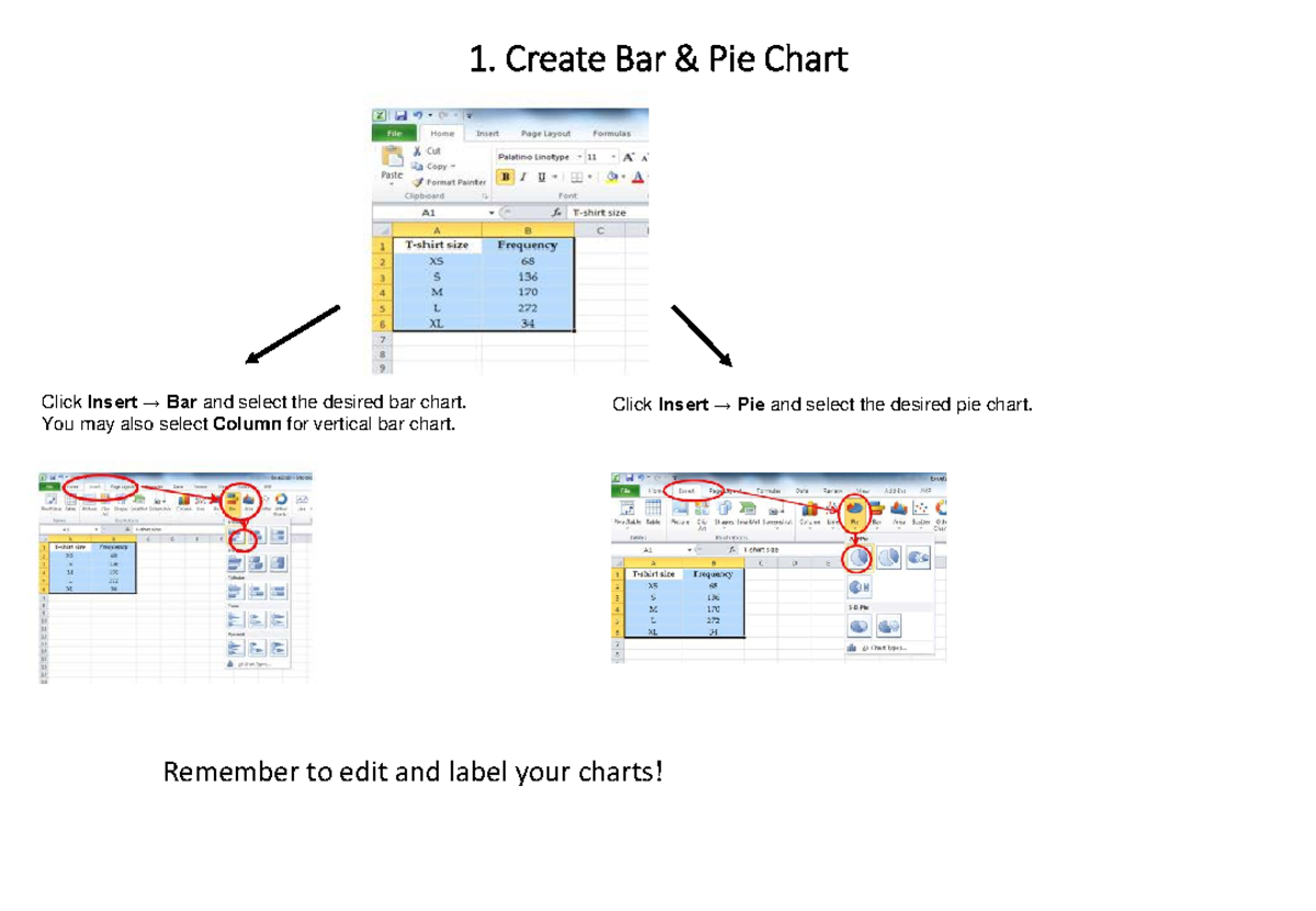Excel Guide for BUS105 - 1. Create Bar & Pie Chart Click Insert → Bar ...