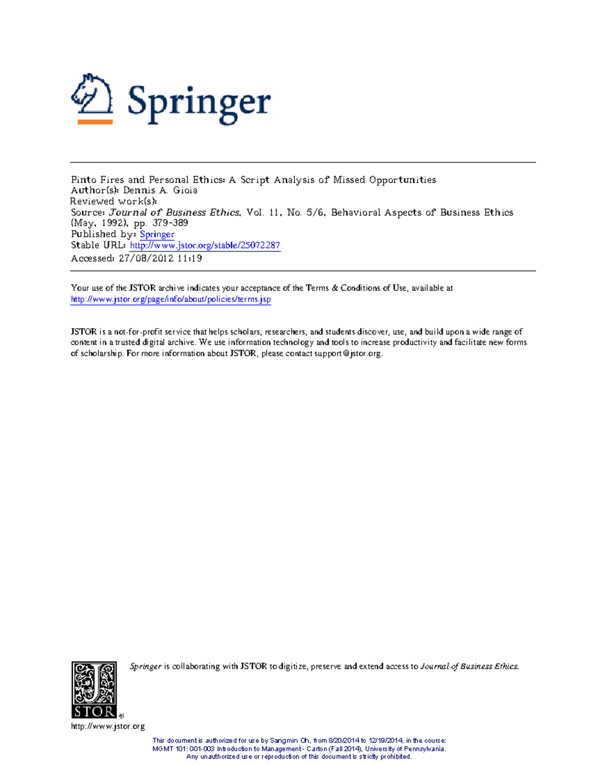 Pinto Fires and Personal Ethics A Script Analysis of Missed ...