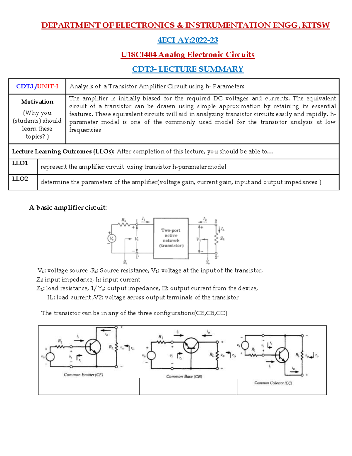 CDT3 h-parametermodel BJTamplifieranalysis - DEPARTMENT OF ELECTRONICS ...