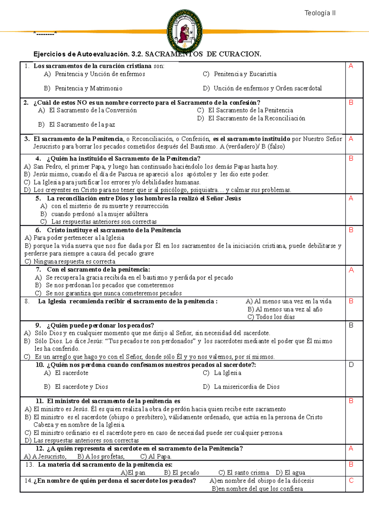 PARCIAL 1 4 Febrero 2019, preguntas y respuestas - Teología II - Ejercicios de Autoevaluación. 3 ...