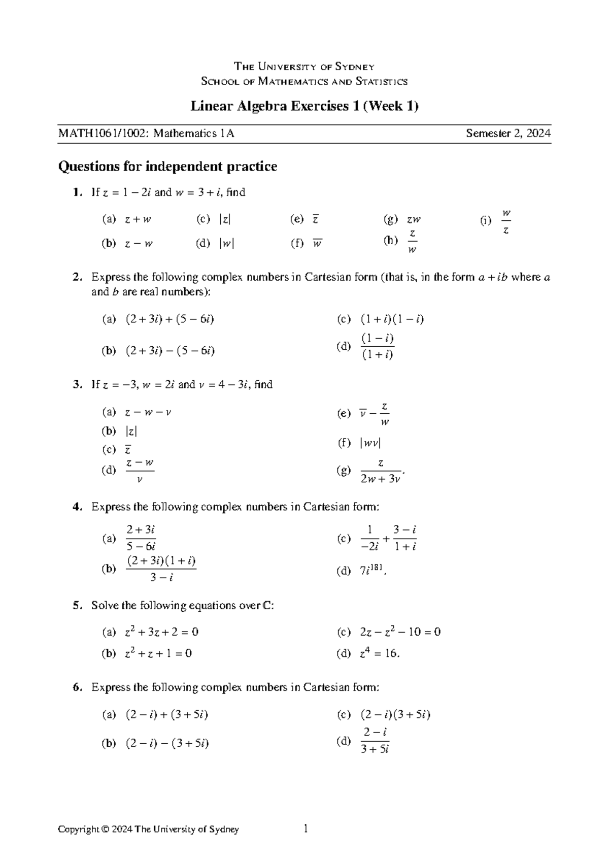 Linear algebra exercises 1 week 1 - The University of Sydney School of ...