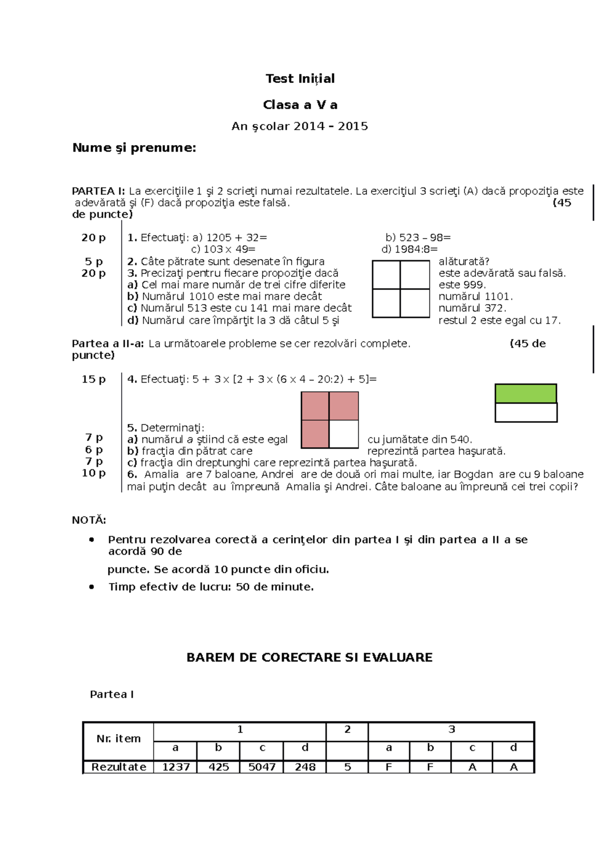 Test Inițial clasa a 5a - unitate de invatare - Test Inițial Clasa a V ...