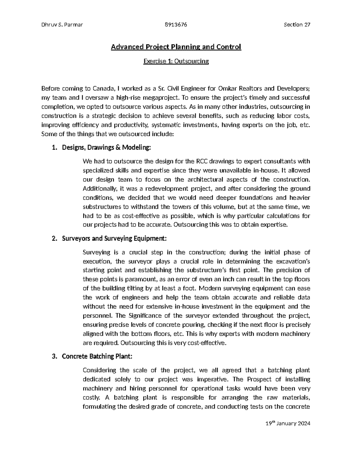 Excersice 1 Dhruv Parmar 8913676 - Dhruv S. Parmar 8913676 Section 27 ...