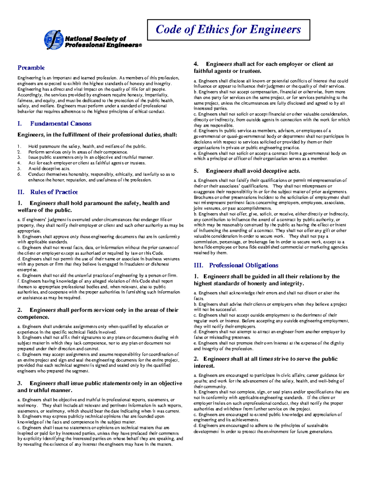 Code of ethics for engineers - As members of this profession, engineers ...