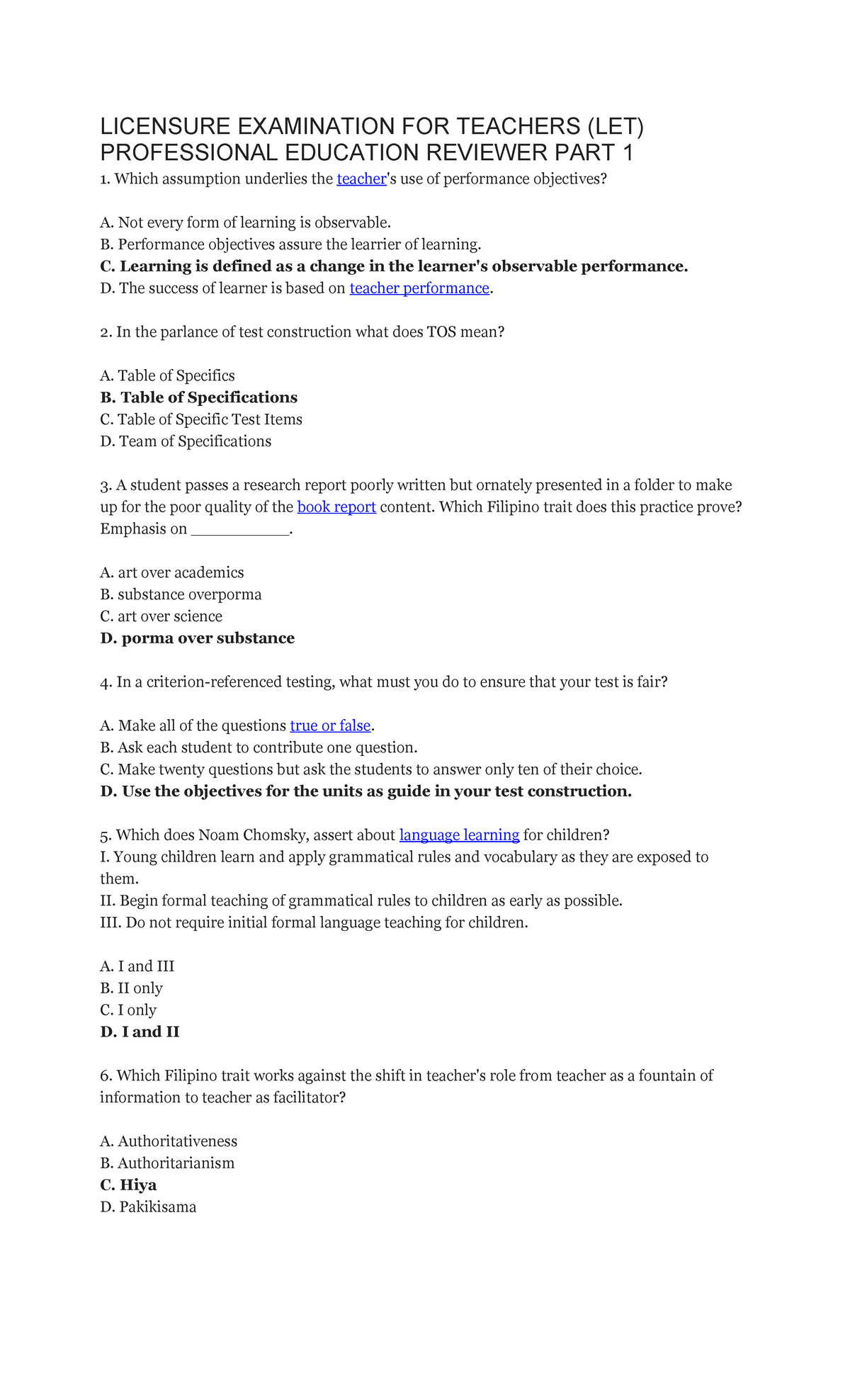 PART 1 -answer key Teaching Profession Modules - LICENSURE EXAMINATION ...