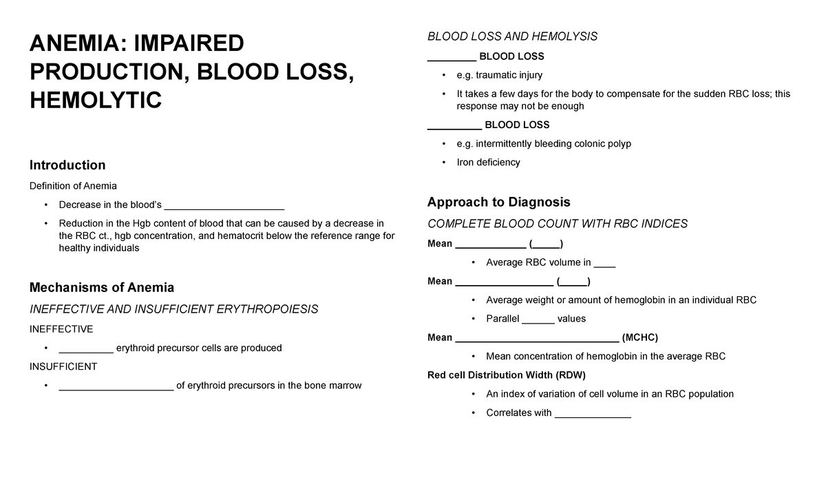Anemia student version - ANEMIA: IMPAIRED PRODUCTION, BLOOD LOSS ...