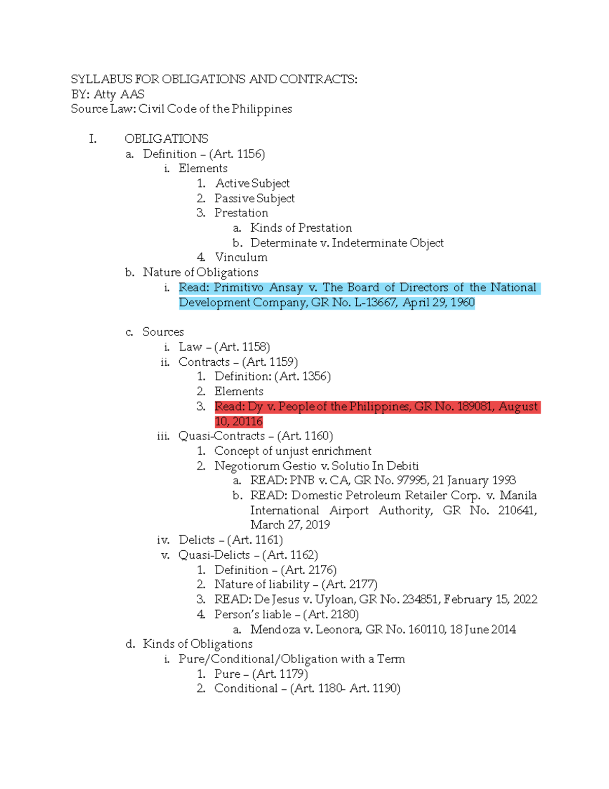 RFBT Syllabus - SYLLABUS FOR OBLIGATIONS AND CONTRACTS: BY: Atty AAS ...