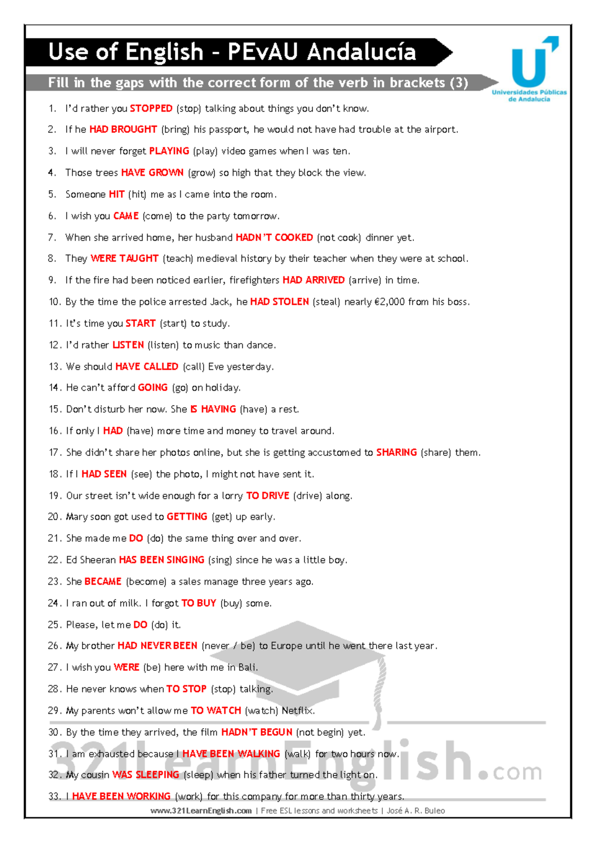 Grammar use of english andalucia selectividad pevau 1 correct verb form ...