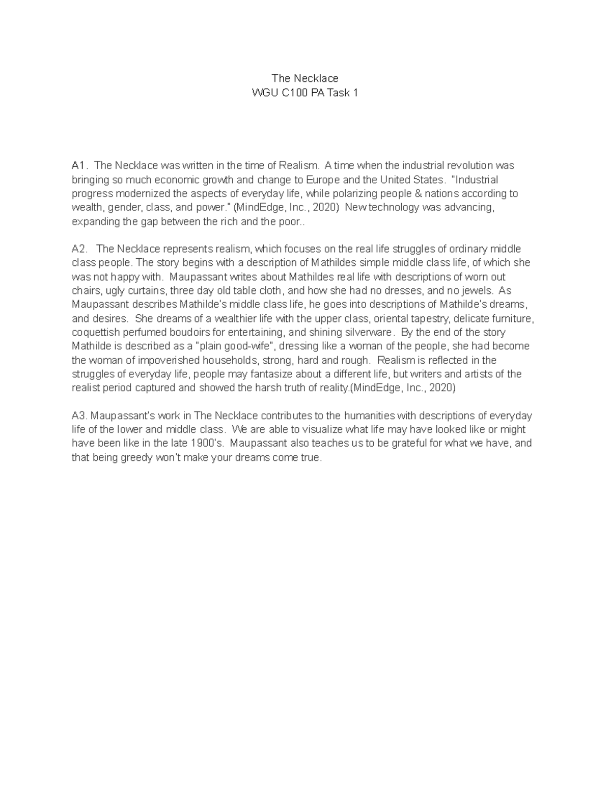 C100 Task 1 Intro to Humanities - The Necklace WGU C100 PA Task 1 A1 ...