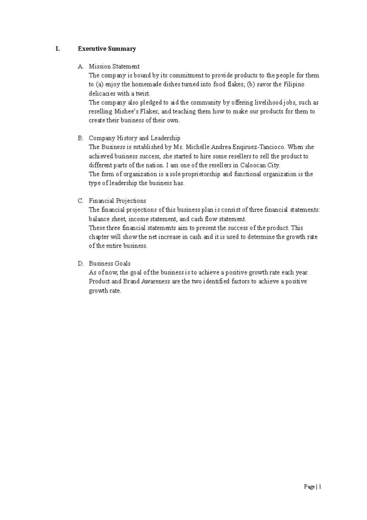 Business Plan-Entrep - Feasibility Analysis - I. Executive Summary A ...