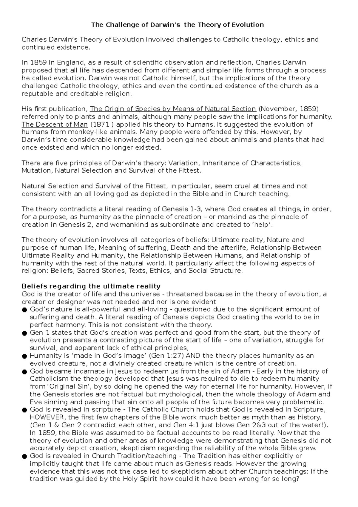 Challenge of Theory of Evolution summary - The Challenge of Darwin’s ...