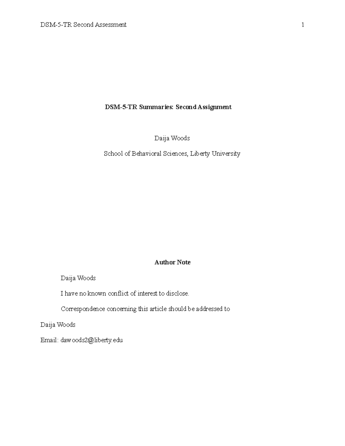 Second Assignment - DSM-5-TR Summaries - DSM-5-TR Summaries: Second Assignment Daija Woods ...