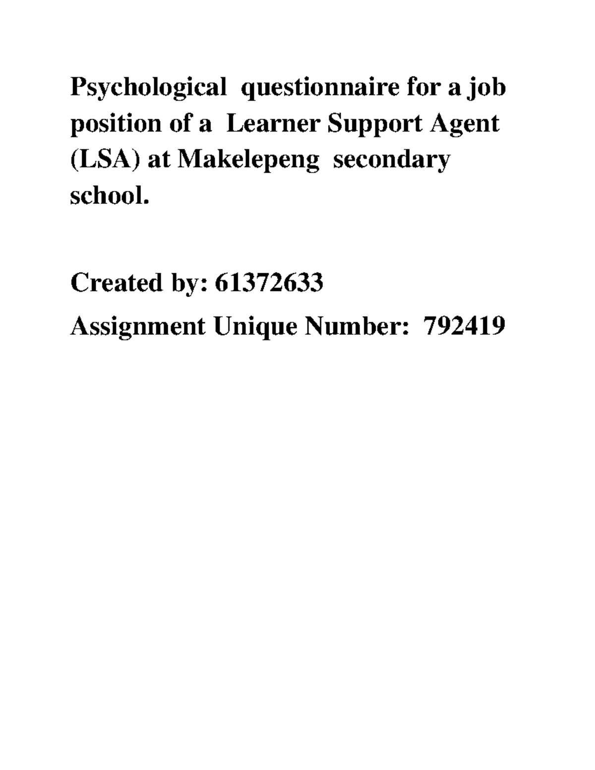 PYC4804 - Psychological questionnaire for a job position of a Learner ...