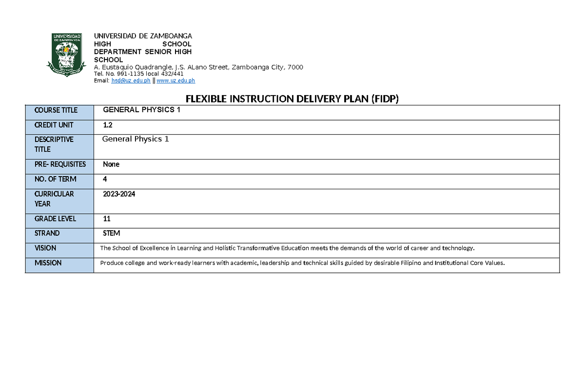 FIDP- General Physics 1 - UNIVERSIDAD DE ZAMBOANGA HIGH SCHOOL ...